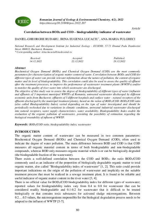 (PDF) Correlation between BOD5 and COD – biodegradability indicator of wastewater