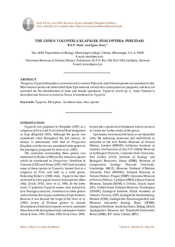 (PDF) The Genus Togoperla Klapálek (Plecoptera: Perlidae)