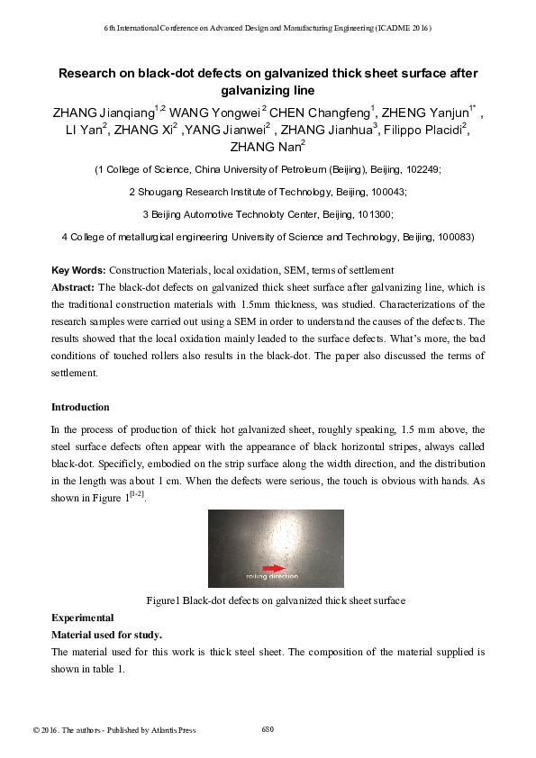 Pdf Research On Black Dot Defects On Galvanized Thick Sheet Surface