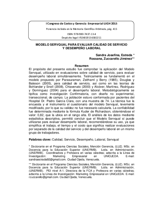 (PDF) Modelo Servqual para medir calidad de servicio y desempeño laboral