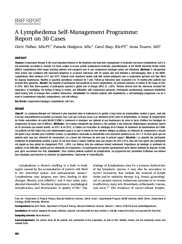 (PDF) A Lymphedema Self-Management Programme: Report on 30 Cases | Dorit Tidhar - Academia.edu