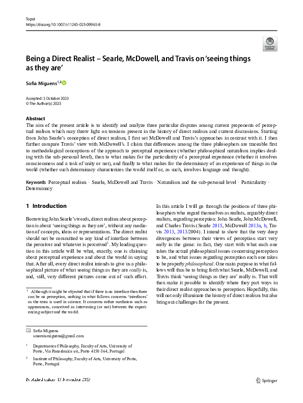 (PDF) Being a Direct Realist -Searle, McDowell, and Travis on 'seeing ...