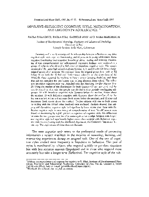 (PDF) Impulsive-Reflective Cognitive Style, Metacognition, and Emotion in Adolescence