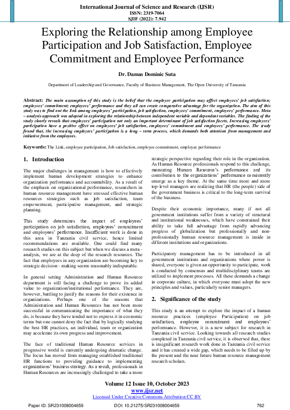 (PDF) Exploring the Relationship among Employee Participation and Job Satisfaction, Employee ...