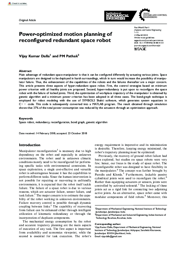 (PDF) Power-optimized motion planning of reconfigured redundant space robot