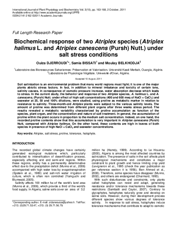 (PDF) Biochemical response of two Atriplex species (Atriplex halimus L ...