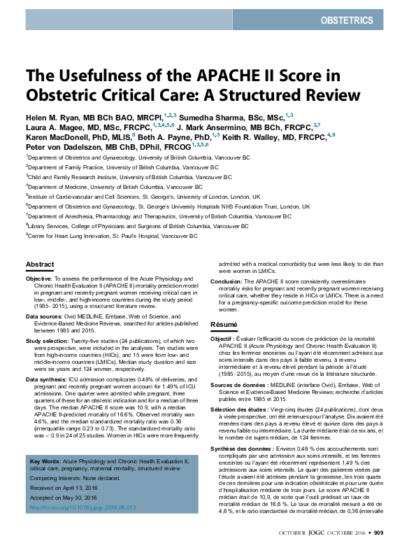 (PDF) The Usefulness of the APACHE II Score in Obstetric Critical Care ...