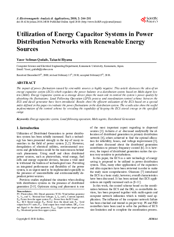 Pdf Utilization Of Energy Capacitor Systems In Power Distribution Networks With Renewable