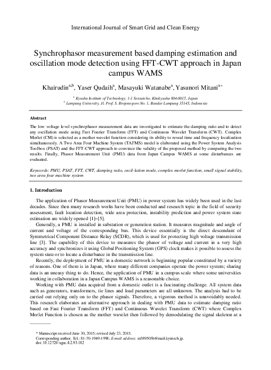 (PDF) Synchrophasor measurement based damping estimation and oscillation mode detection using ...