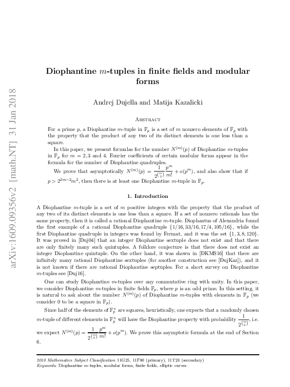 (PDF) Diophantine m-tuples in finite fields and modular forms