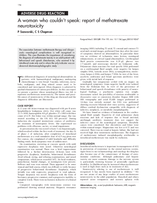 (PDF) A woman who couldn’t speak: report of methotrexate neurotoxicity