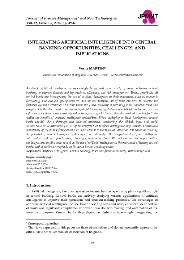 (PDF) Integrating artificial intelligence into central banking: opportunities, challenges, and ...