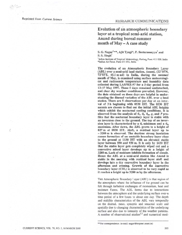 Pdf Evolution Of An Atmospheric Boundary Layer At A Tropical Semi Arid Station Anand During