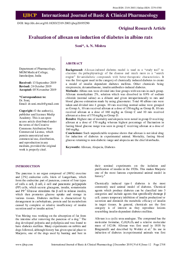 (PDF) Evaluation of alloxan on induction of diabetes in albino rats ...