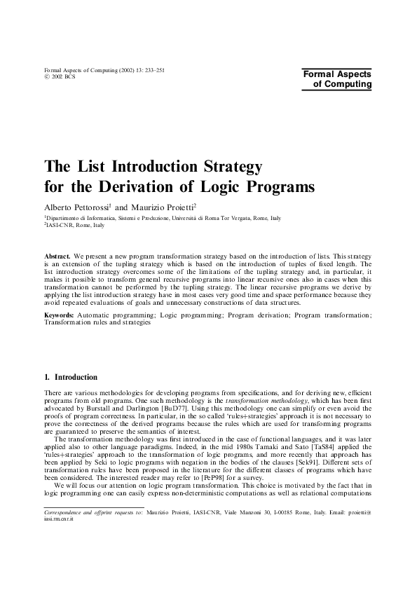 (PDF) The List Introduction Strategy for the Derivation of Logic Programs