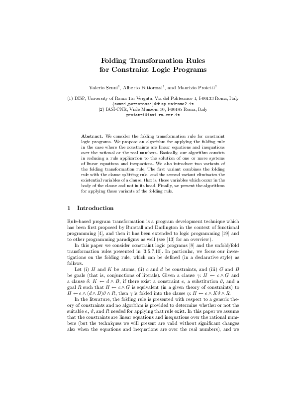 (PDF) Folding Transformation Rules for Constraint Logic Programs