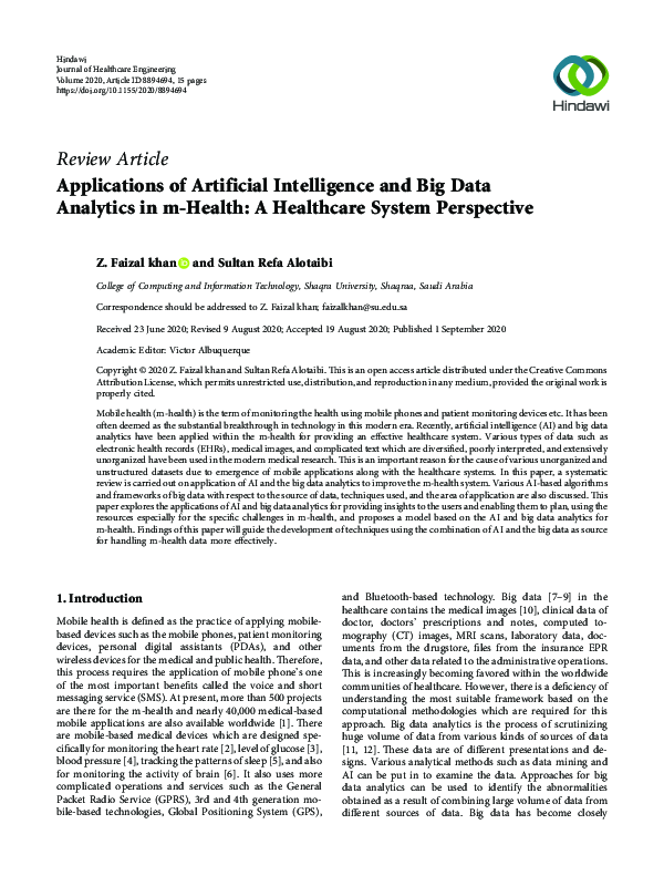 (PDF) Applications of Artificial Intelligence and Big Data Analytics in m-Health: A Healthcare ...