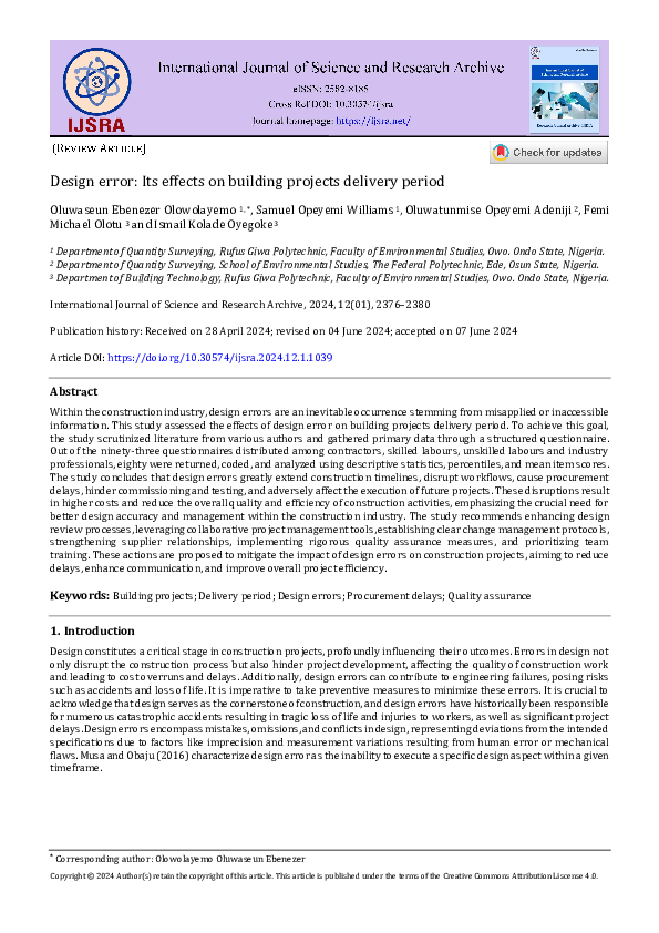 (PDF) Design error: Its effects on building projects delivery period