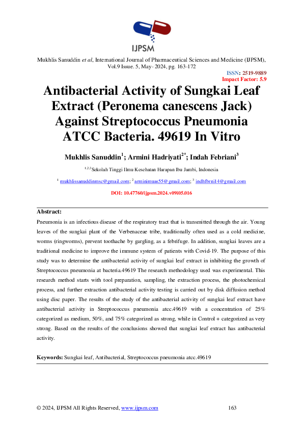 (PDF) Antibacterial Activity of Sungkai Leaf Extract (Peronema canescens Jack) Against ...