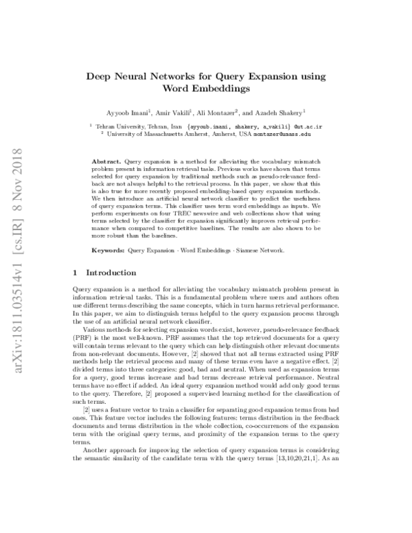 (PDF) Deep Neural Networks for Query Expansion Using Word Embeddings