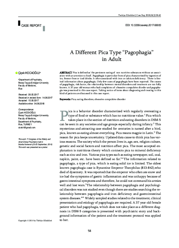 (PDF) A Different Pica Type ''Pagophagia'' in Adult