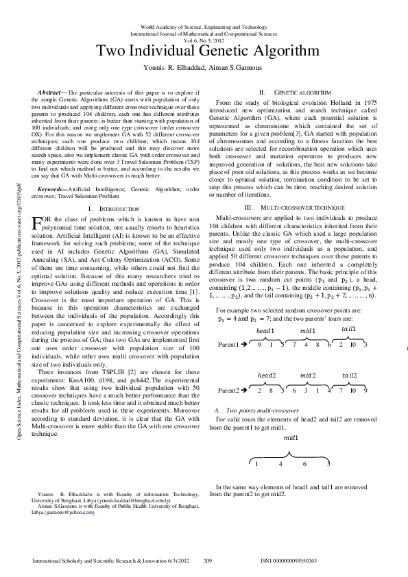 (PDF) Two Individual Genetic Algorithm | Aiman Gannous - Academia.edu