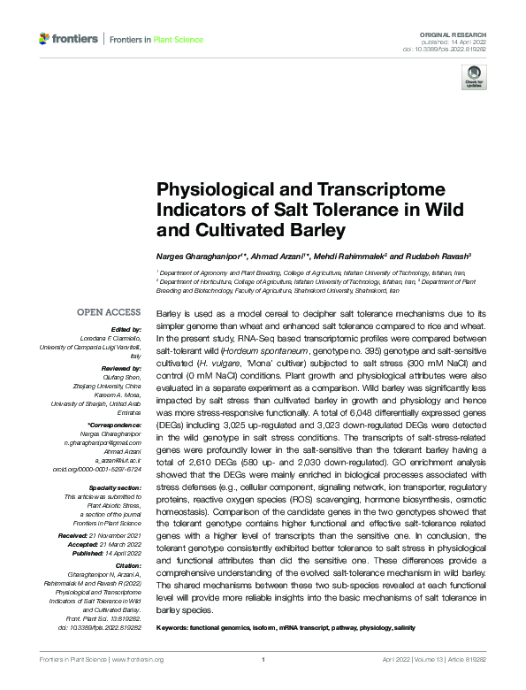 (PDF) Physiological and Transcriptome Indicators of Salt Tolerance in Wild and Cultivated Barley