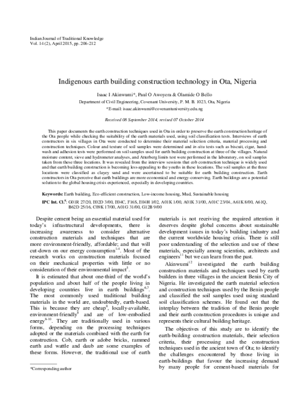 (PDF) Indigenous earth building construction technology in Ota, Nigeria