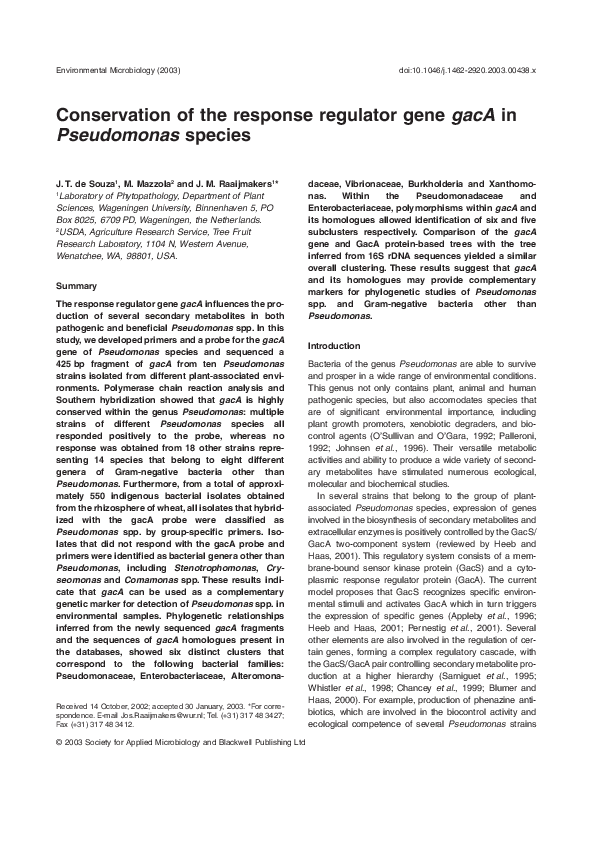 (PDF) Conservation of the response regulator gene gacA in Pseudomonas ...
