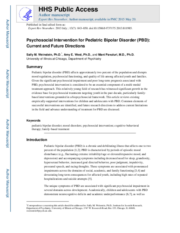 (PDF) Psychosocial intervention for pediatric bipolar disorder: current and future directions