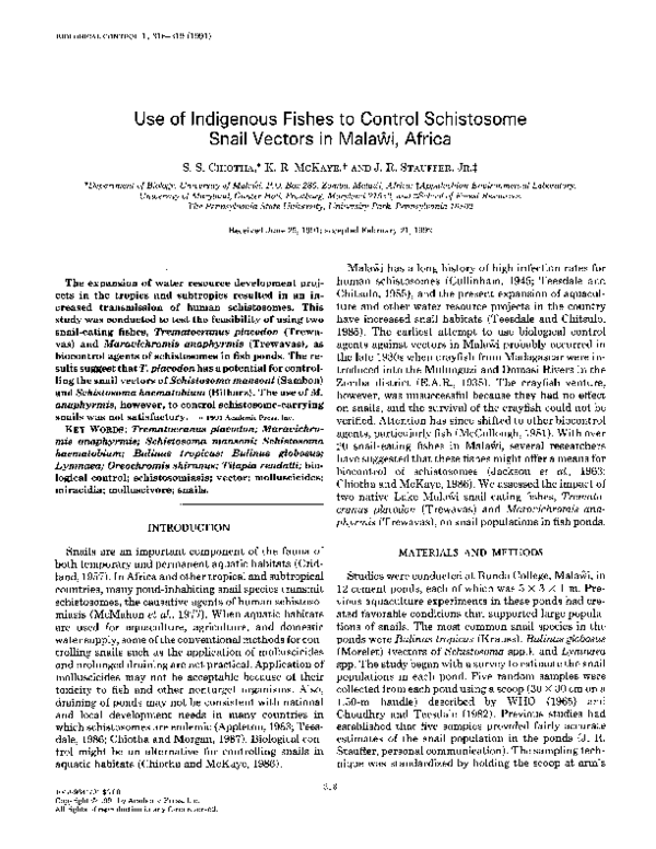 (PDF) Use of indigenous fishes to control schistosome snail vectors in ...