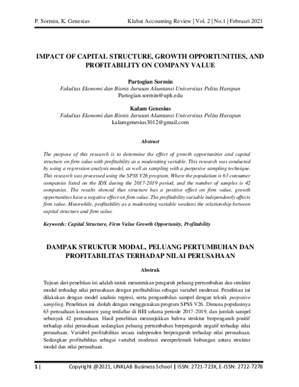 (PDF) Dampak Struktur Modal, Peluang Pertumbuhan Dan Profitabilitas Terhadap Nilai Perusahaan