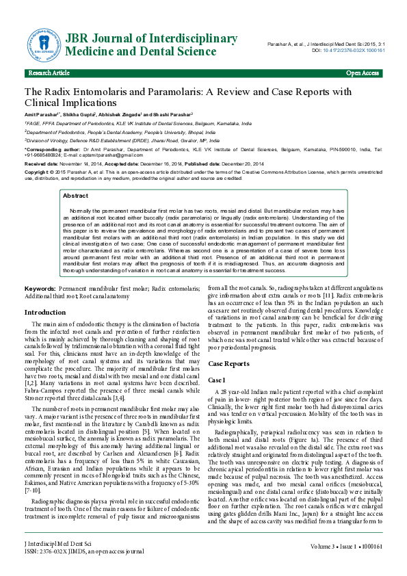 (PDF) The Radix Entomolaris and Paramolaris: A Review and Case Reports ...