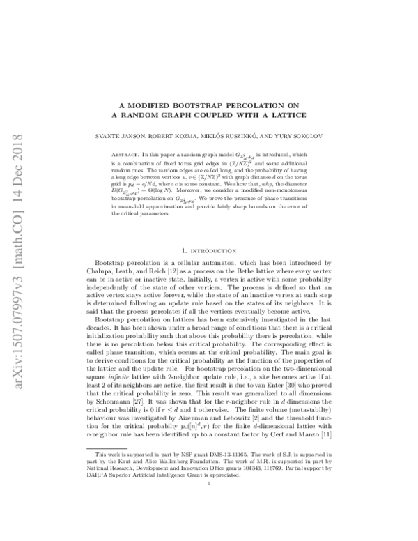 Pdf A Modified Bootstrap Percolation On A Random Graph Coupled With A Lattice