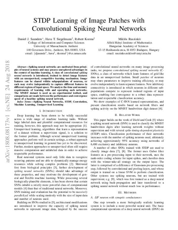 Stdp Learning Of Image Patches With Convolutional Spiking Neural Networks