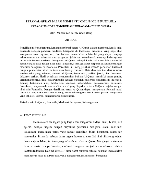Pdf Peran Al Quran Dalam Membentuk Nilai Nilai Pancasila Sebagai