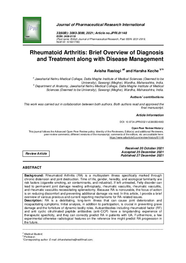 (PDF) Rheumatoid Arthritis: Brief Overview of Diagnosis and Treatment ...