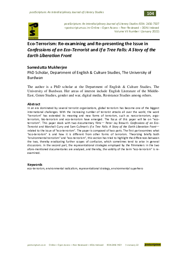 (PDF) Eco-Terrorism: Re-examining and Re-presenting the Issue in ...