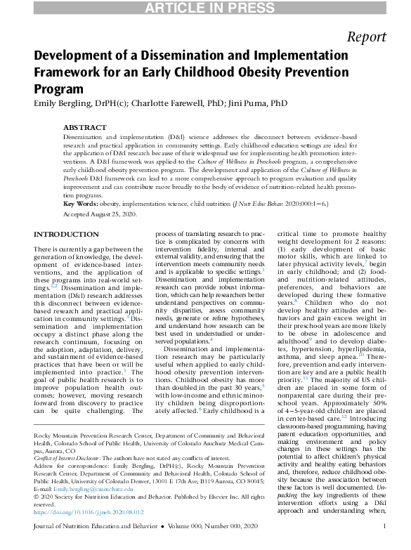 (PDF) Development of a Dissemination and Implementation Framework for ...