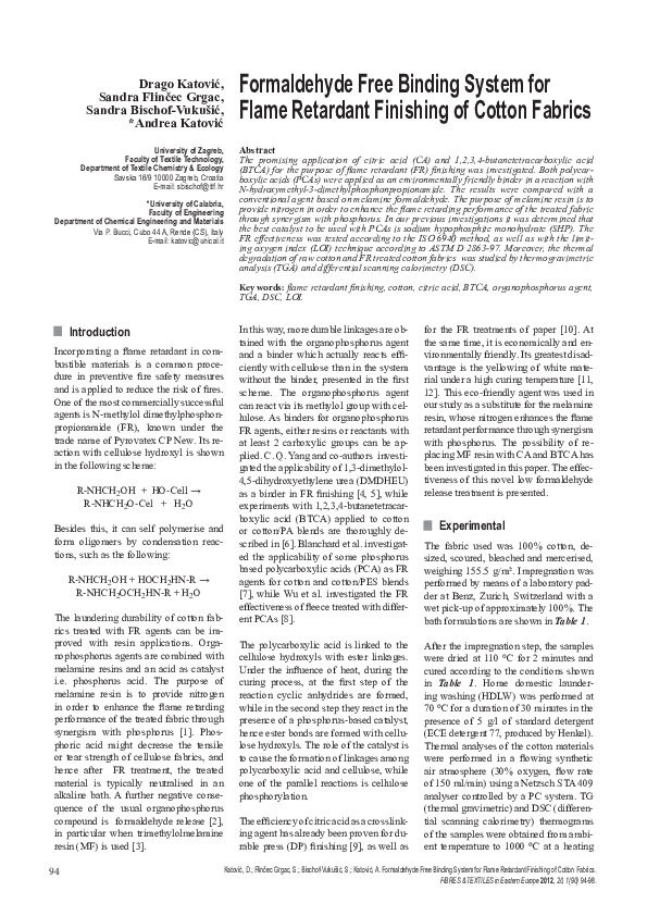 (PDF) Formaldehyde Free Binding System for Flame Retardant Finishing of ...