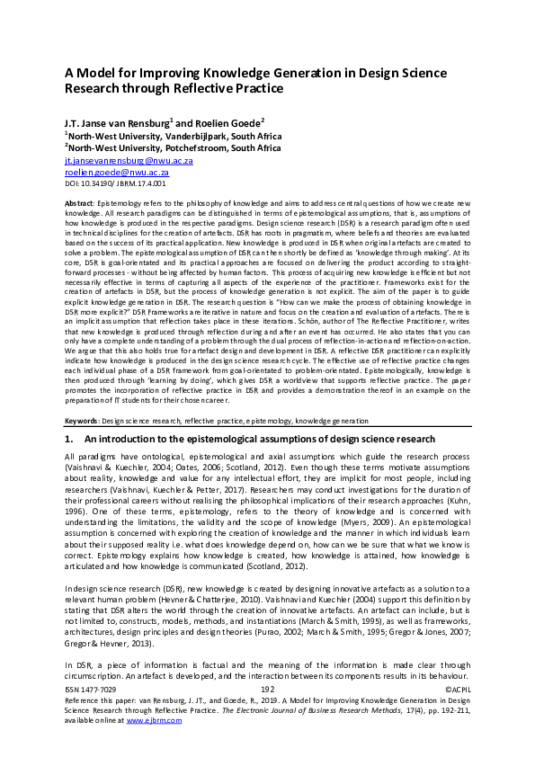 (PDF) A Model for Improving Knowledge Generation in Design Science Research through Reflective ...