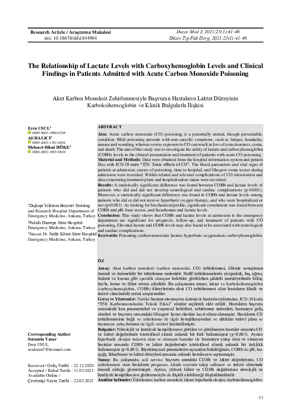 (PDF) Akut Karbon Monoksit Zehirlenmesiyle Başvuran Hastaların Laktat ...