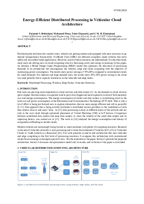(PDF) Energy Efficient Distributed Processing in Vehicular Cloud Architecture