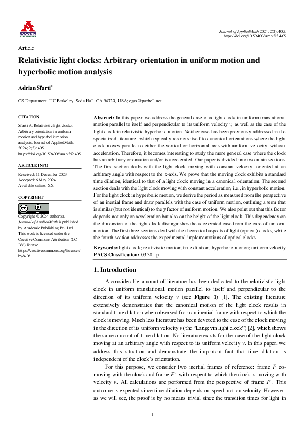 (PDF) Relativistic light clocks: Arbitrary orientation in uniform ...