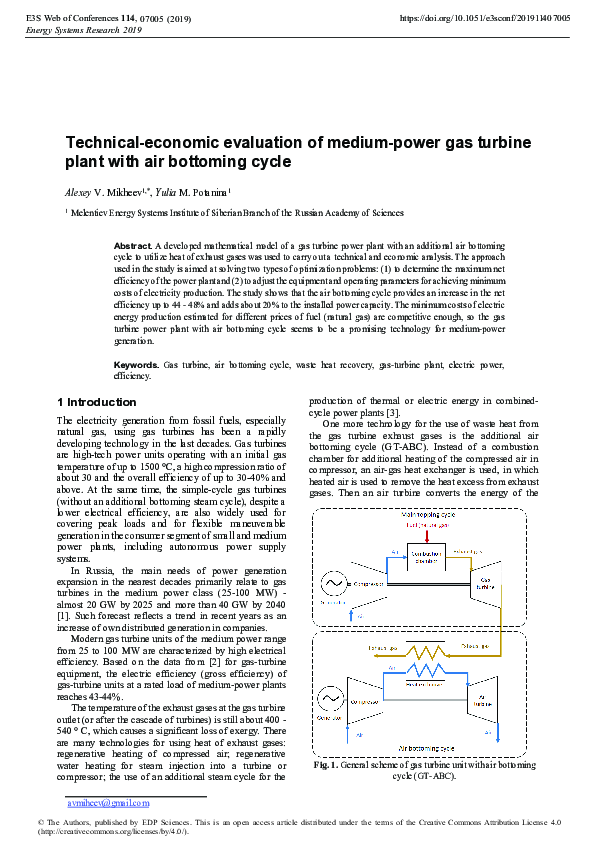 (PDF) Technical-economic evaluation of medium-power gas turbine plant with air bottoming cycle