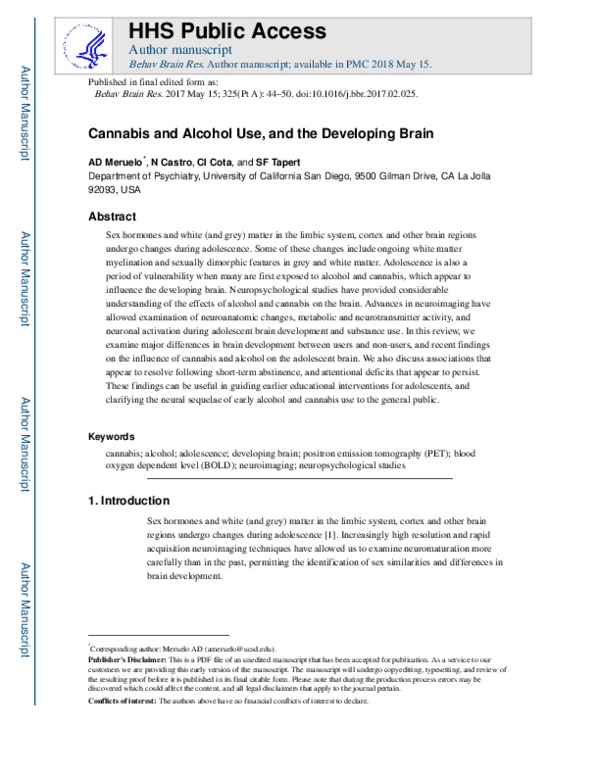 (PDF) Cannabis and Alcohol Use, and the Developing Brain