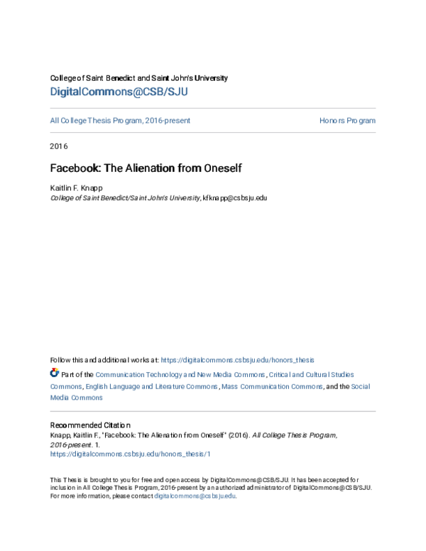 (PDF) Facebook: The Alienation from Oneself