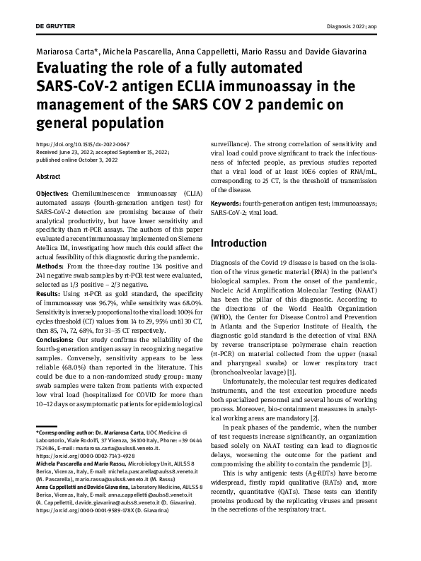 (PDF) Evaluating the role of a fully automated SARS-CoV-2 antigen ECLIA ...