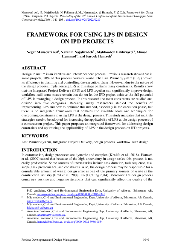 (PDF) Framework for Using LPS in Design on IPD Projects