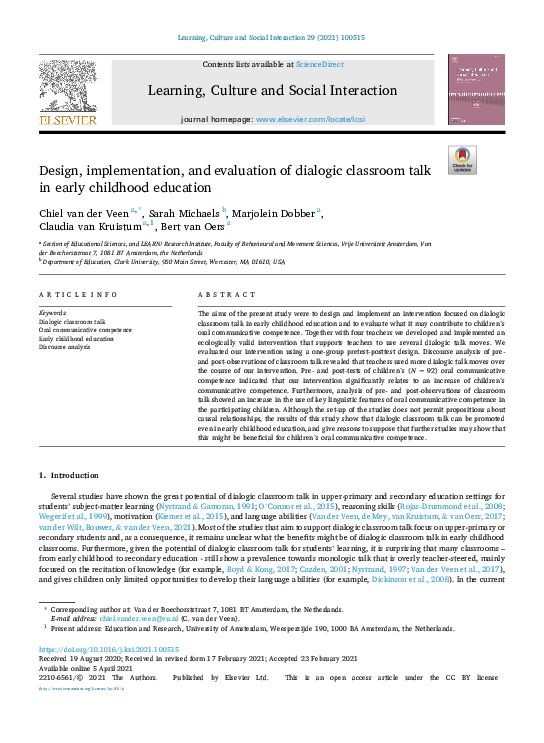 (PDF) Design, implementation, and evaluation of dialogic classroom talk in early childhood education